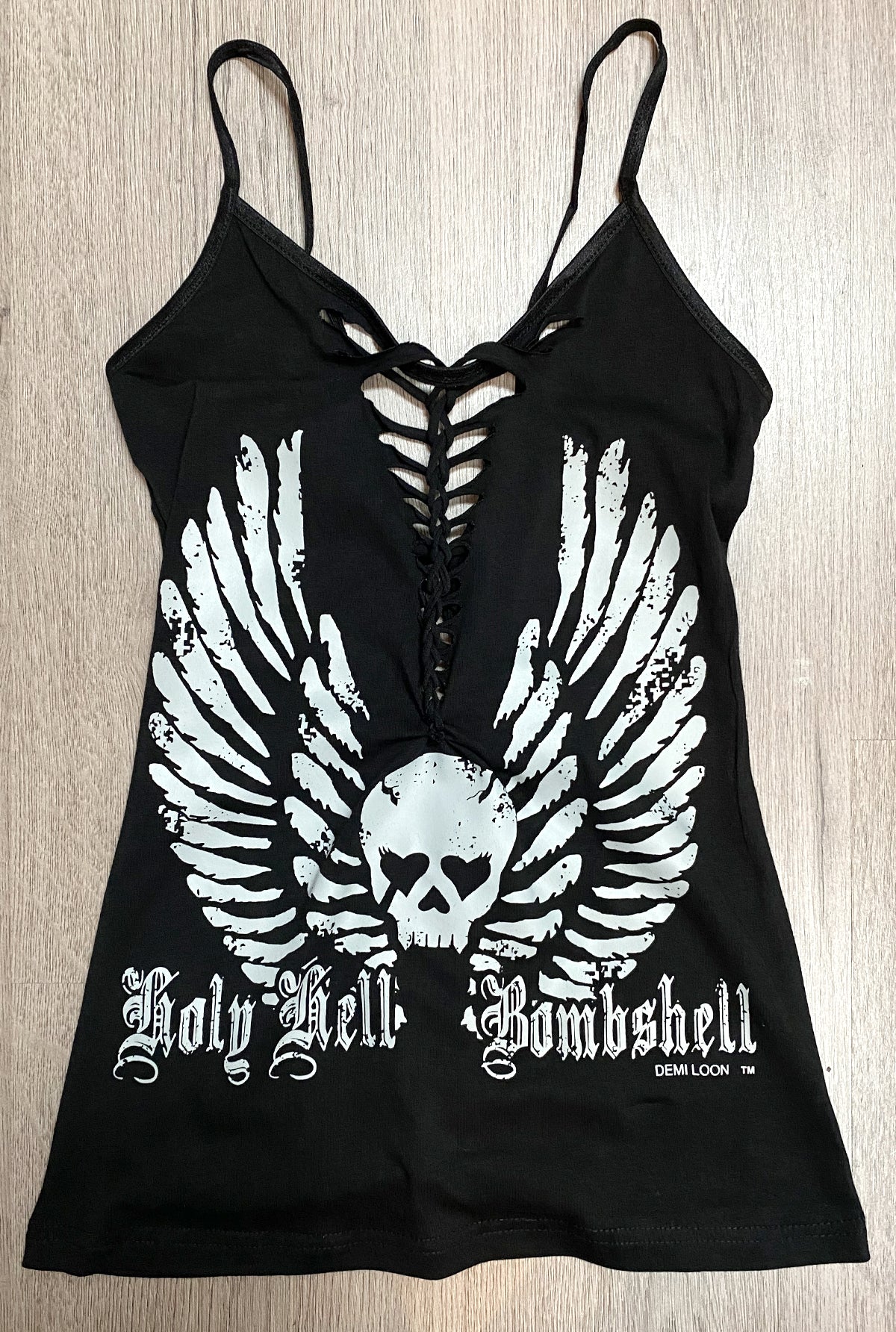 Holy Hell Bombshell Slashed Sexy Biker Graphic Tank Top Cami – Demi Loon